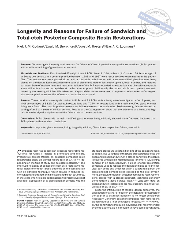 Longevity and Reasons For Failure of Sandwich and Total-Etch Posterior ...
