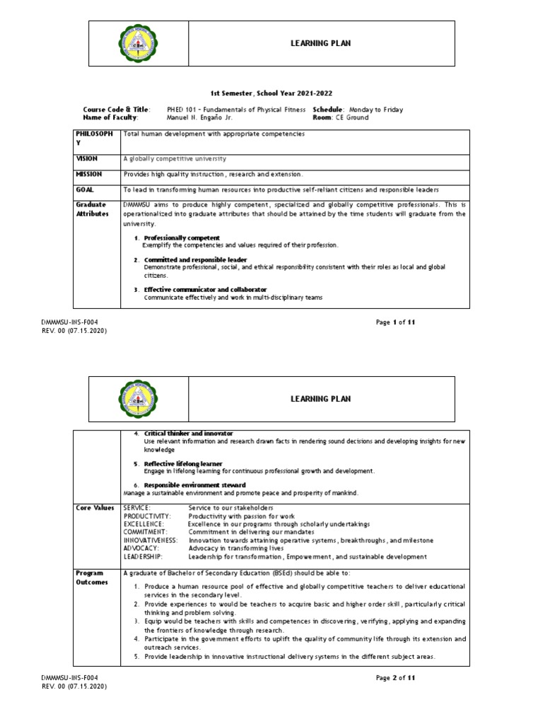 Learning-Plan PHED 101 (NEW FORMAT) | PDF | Teaching Method | Teachers