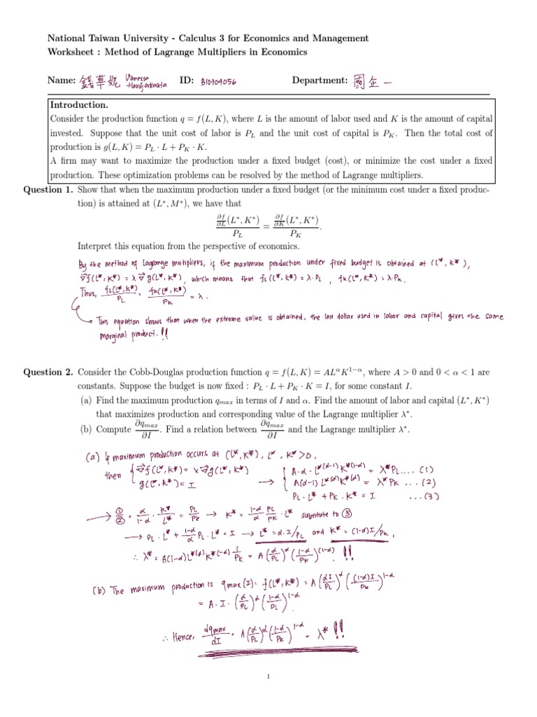 Worksheet Method of Lagrange Multipliers | PDF | Maxima And Minima ...