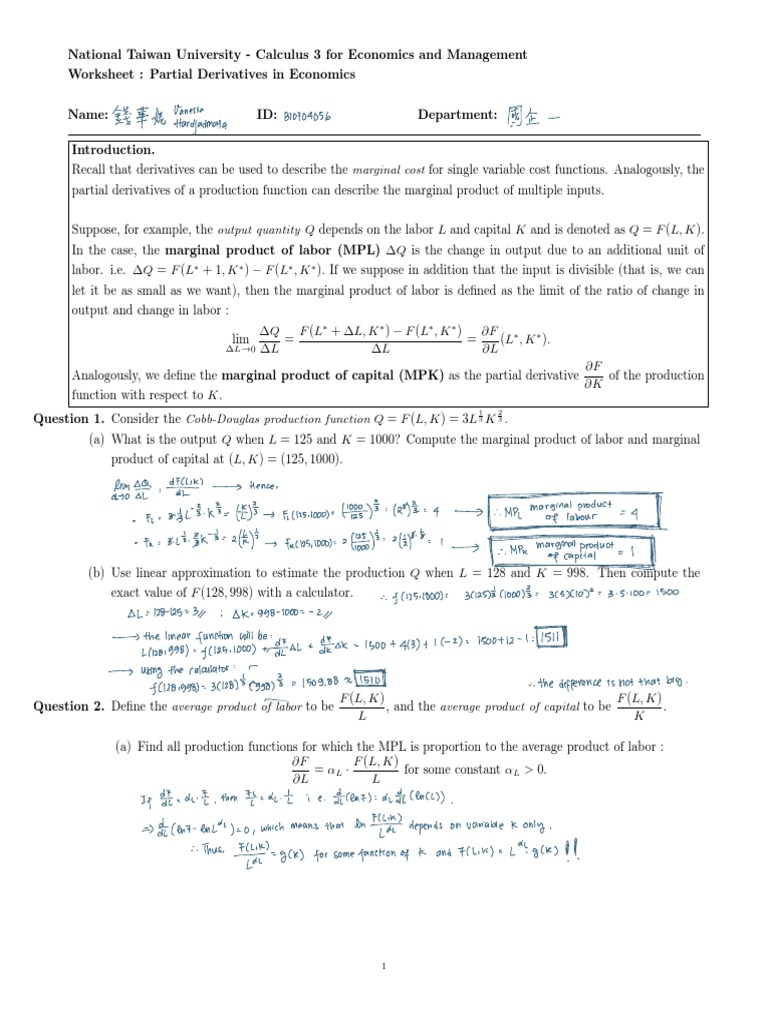 Worksheet Partial in Derivatives | PDF | Production Function | Derivative