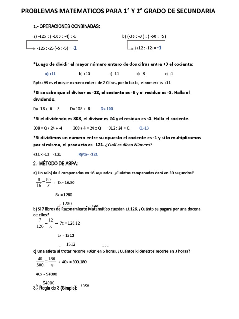 Problemas Matematicos para 1° y 2° Grado de Secundaria | Descargar ...