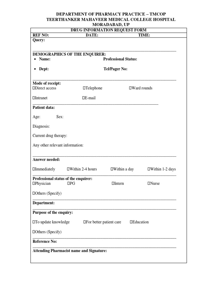 Drug Information Request Form | PDF | Pharmacy | Medicinal Chemistry