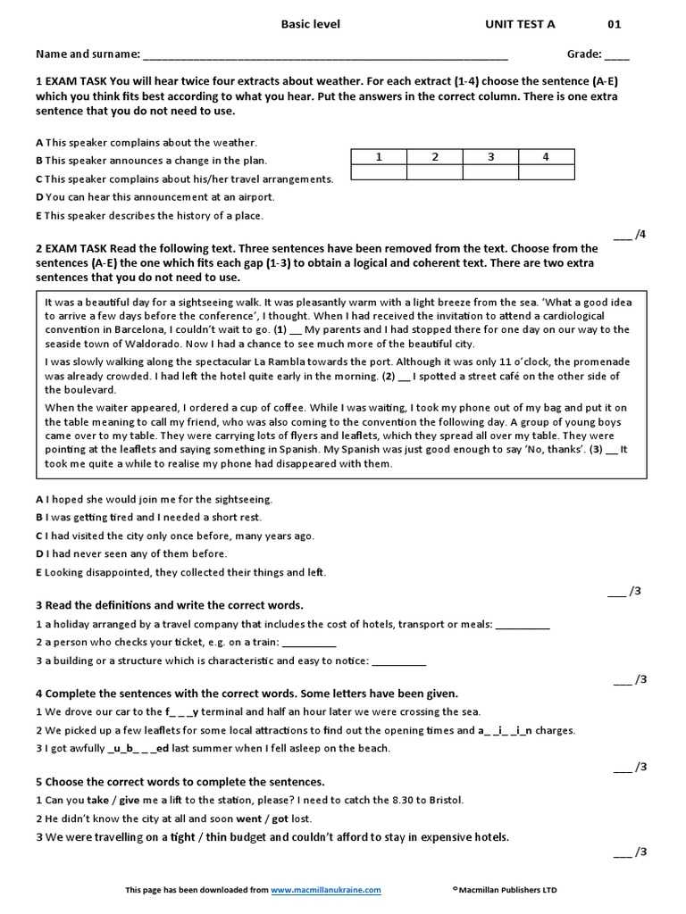 Unit Test 1A Basic Level | PDF