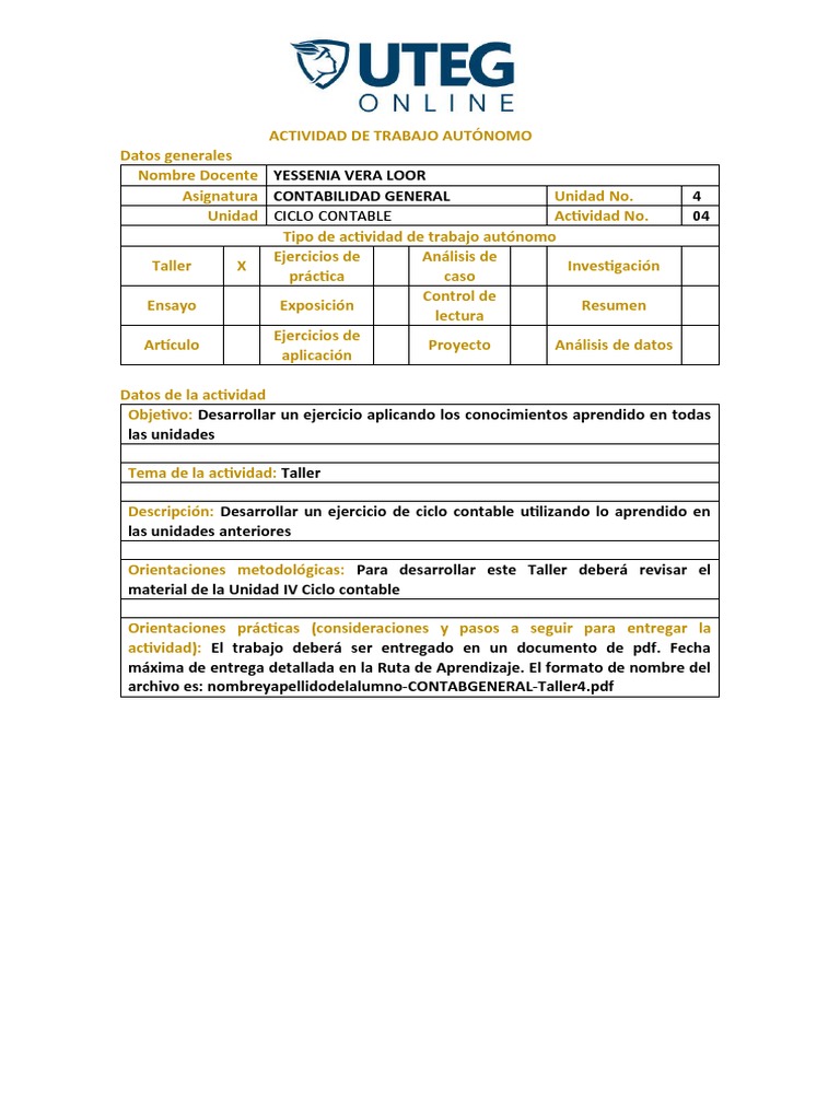 TALLER - 4 NB Contabilidad - Gen U4 p2 Clas8 Taller - 04 | PDF | Contabilidad | Cheque