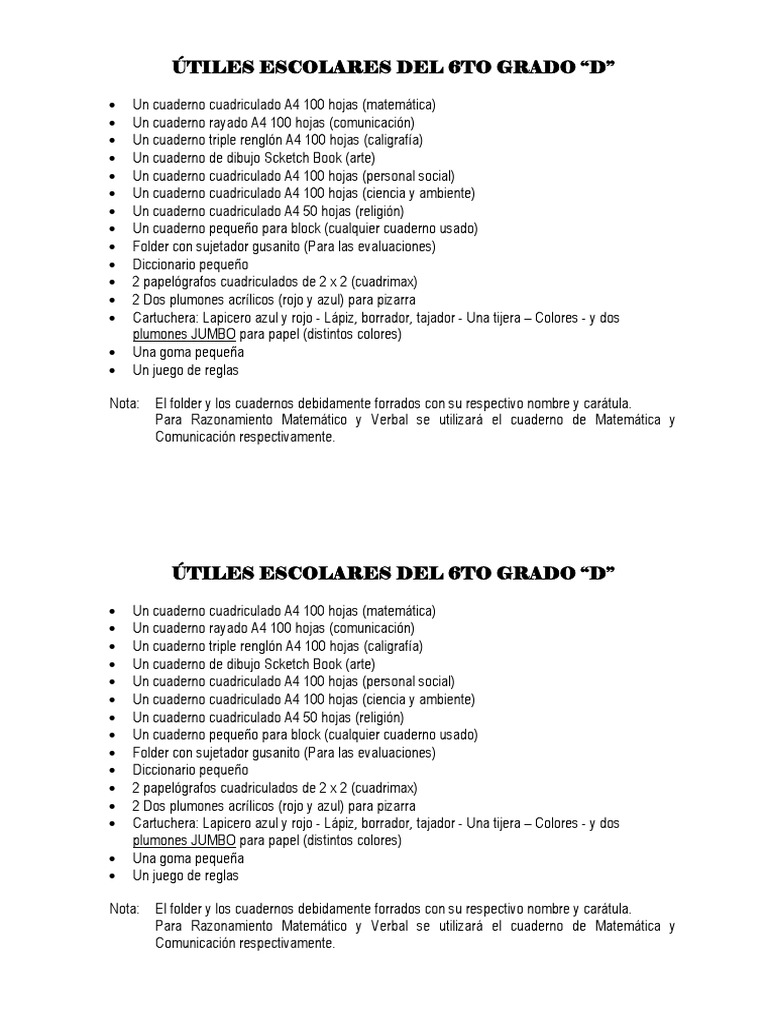 Útiles y Horario 6to Grado “D” | PDF | Cuaderno | Papelería