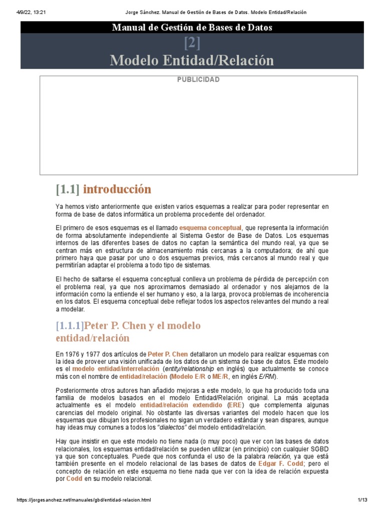 Modelo Entidad/Relación en Bases de Datos | PDF | Bases de datos