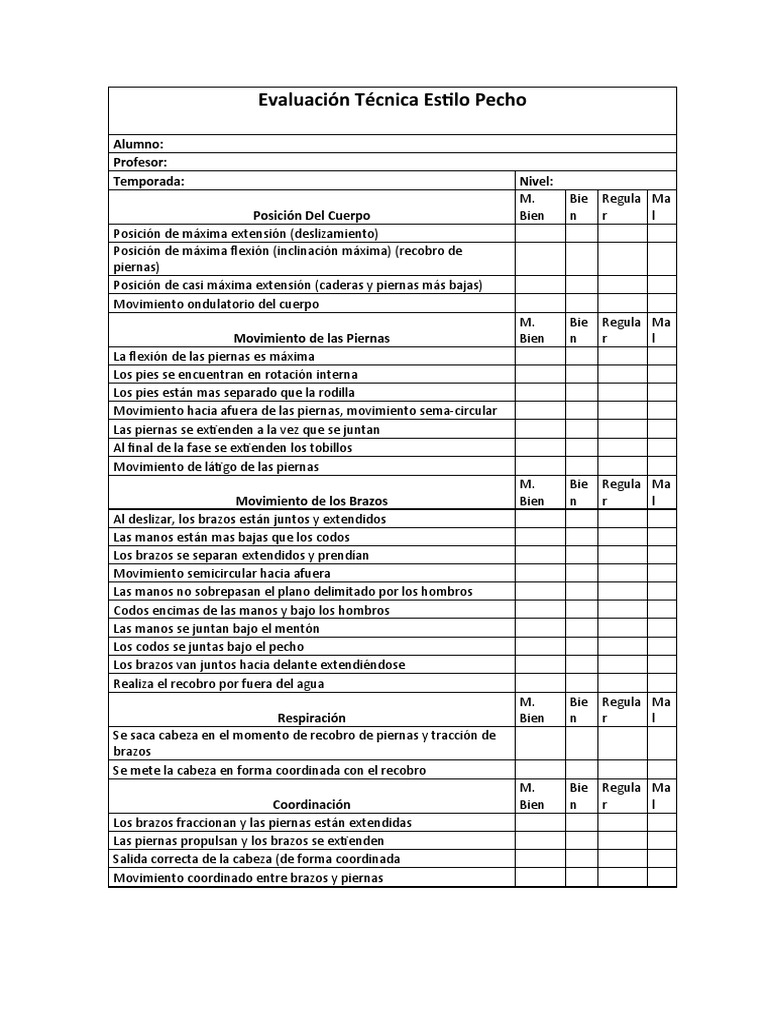 Evaluación Técnica Estilo Pecho | PDF