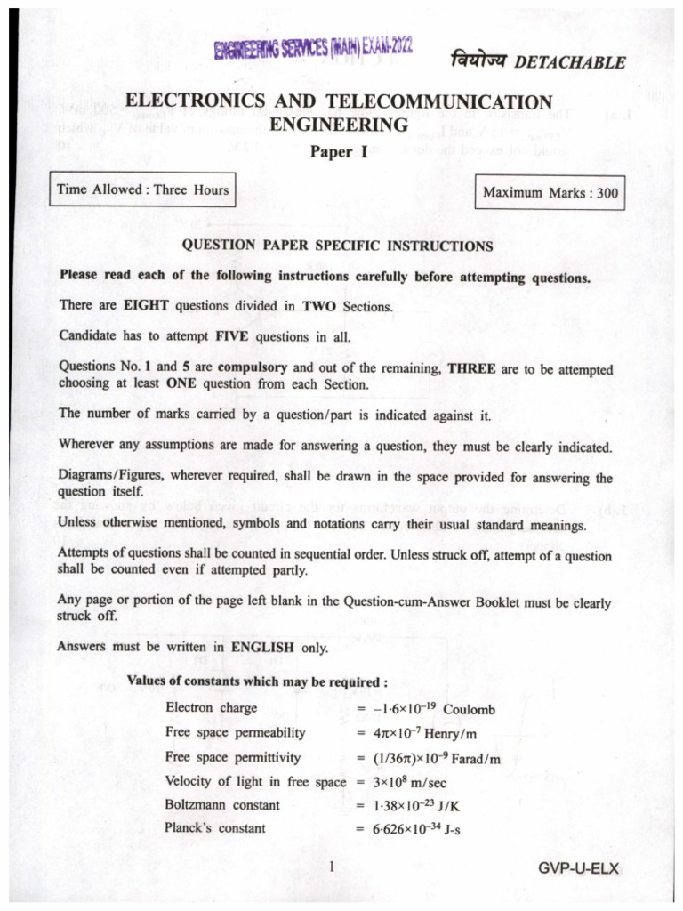 Electronics and Telecommunication Engineering Paper - I - Ese 2022 | PDF