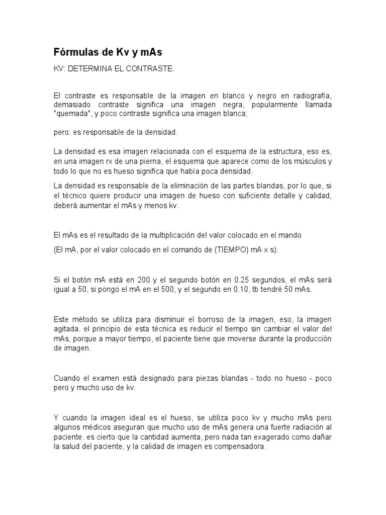 Fórmulas de KV y Mas-2 | PDF | Rayo X | Radiografía