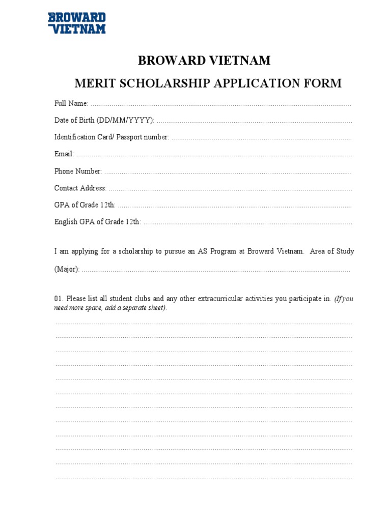 Broward Vietnam Scholarship Application Form | PDF | Career & Growth ...