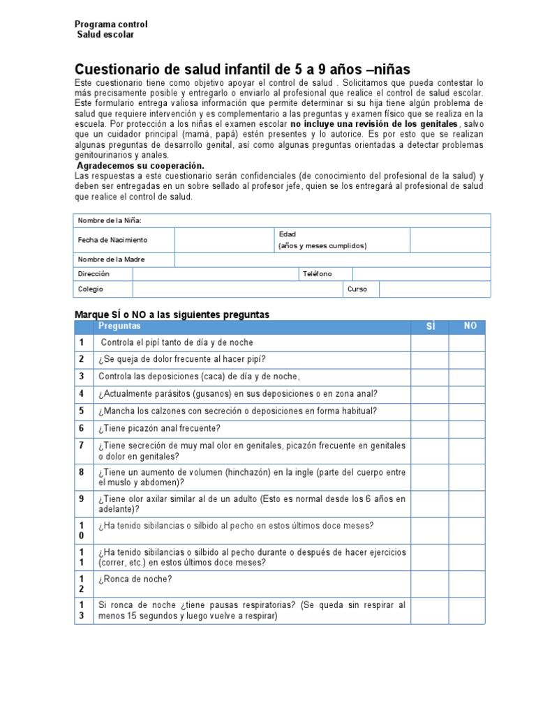Cuestionario de Salud Infantil de 5 A 9años Niña | PDF | Pecho ...