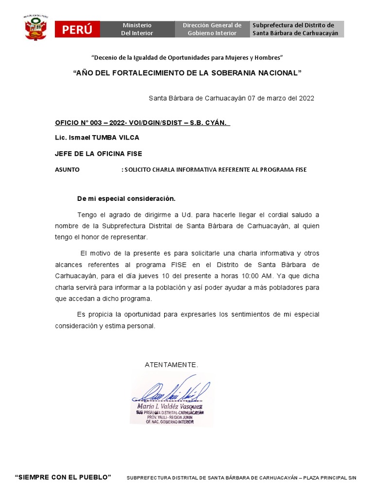 Oficio de Solicitud de Charla | PDF