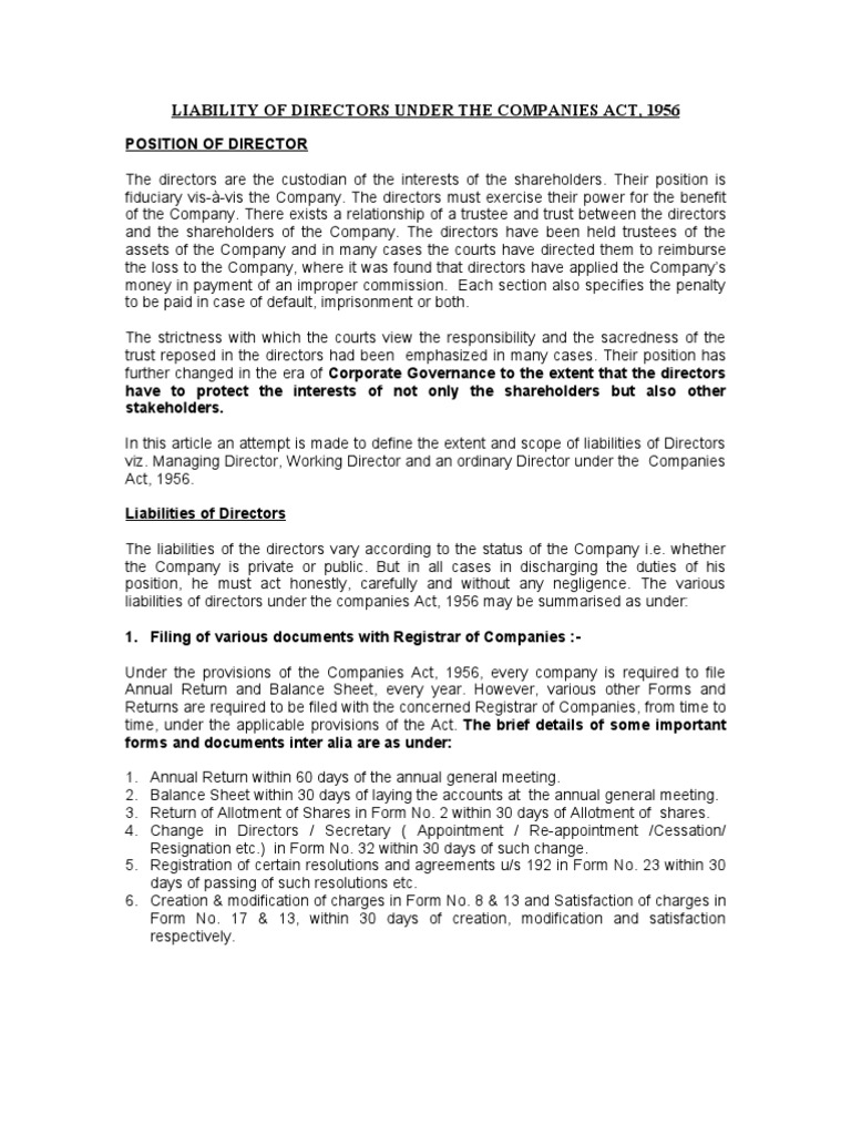 Liability Of Directors Under Companies Act Pdf Board Of Directors