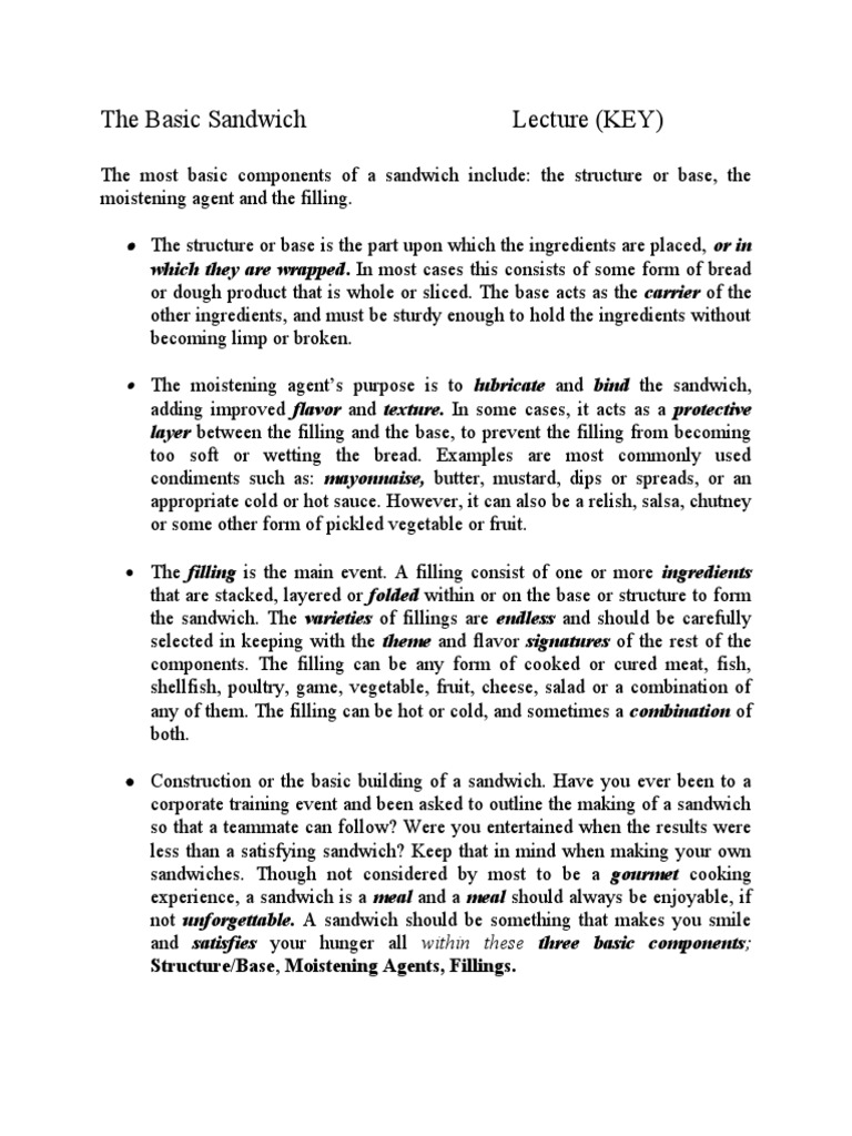 Basic Sandwich Lecture Key | PDF | Cooking, Food & Wine