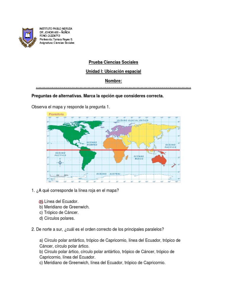 Prueba Ciencias Sociales Unidad1 Ubicacion Espacial | PDF | Ecuador | Mapa