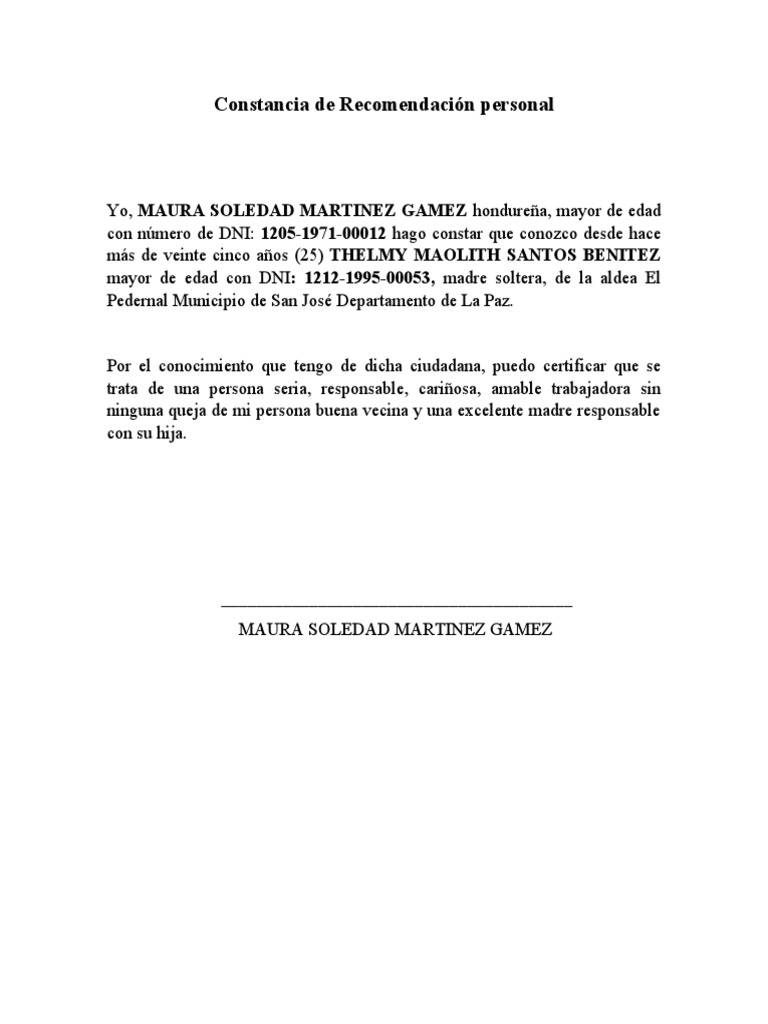 Constancia de Recomendación Personal | PDF