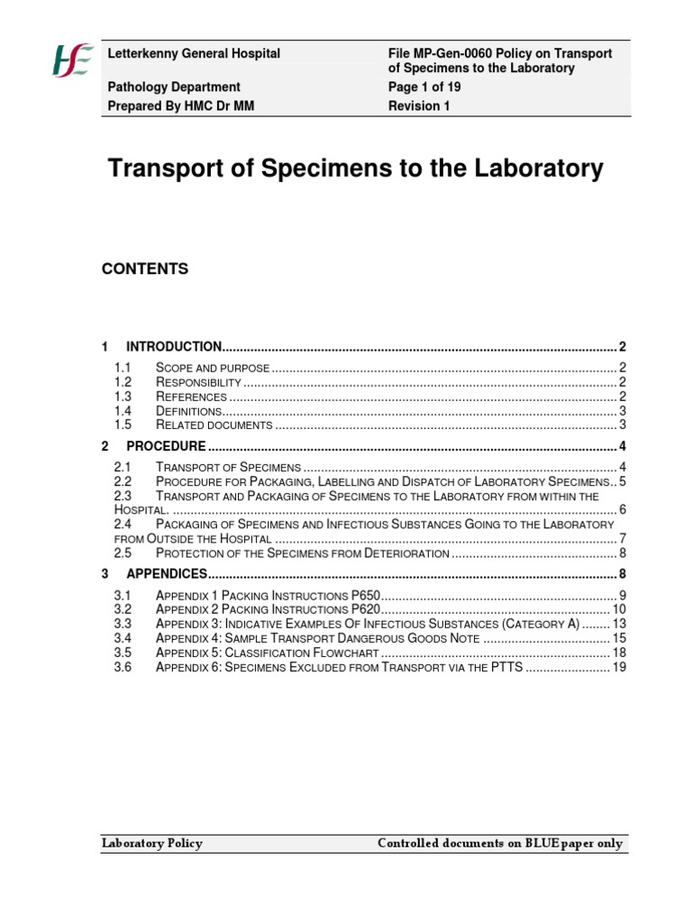 Specimen Transport Policy for Laboratories | PDF | Dangerous Goods ...