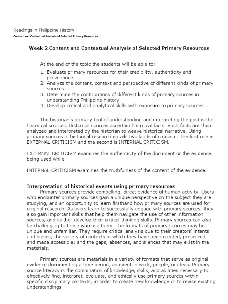 Week 2 Content and Contextual Analysis of Selected Primary Resources | PDF | Primary Sources ...