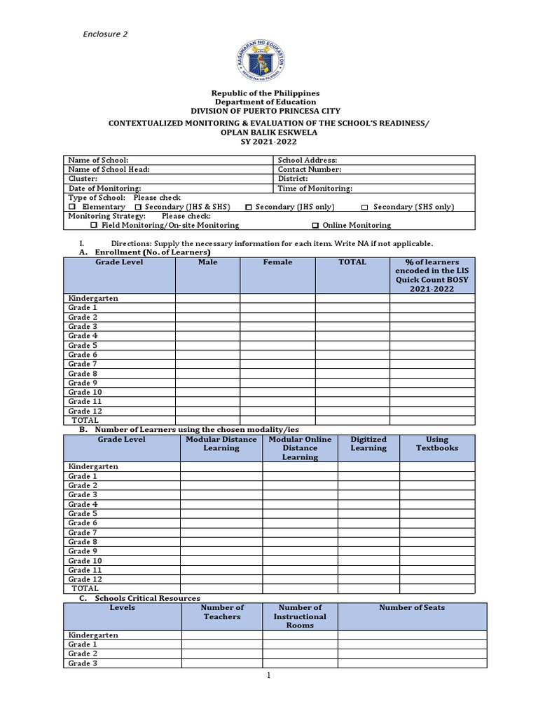 MONITORING TOOL Opening of Classes New | PDF | Learning | Schools