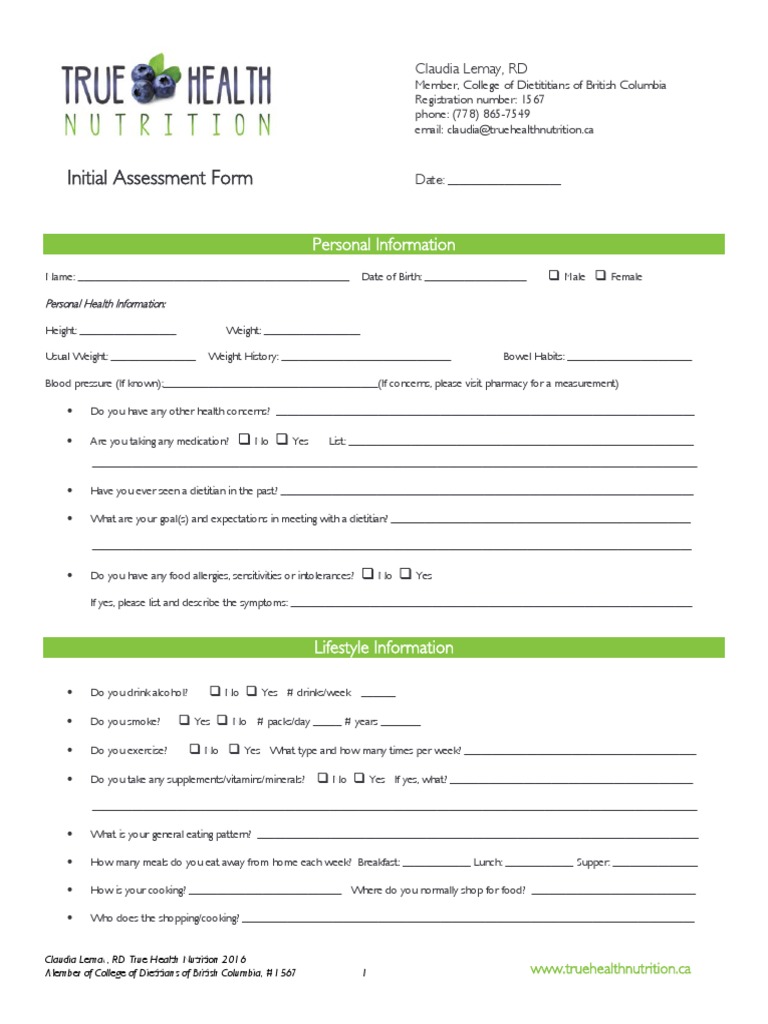 Initial Nutrition Assessment Form | PDF | Foods | Meal