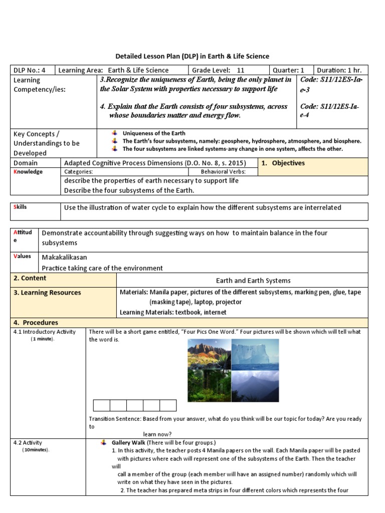 Detailed Lesson Plan (DLP) in Earth & Life Science: S11/12ES-Ia-e-4 ...