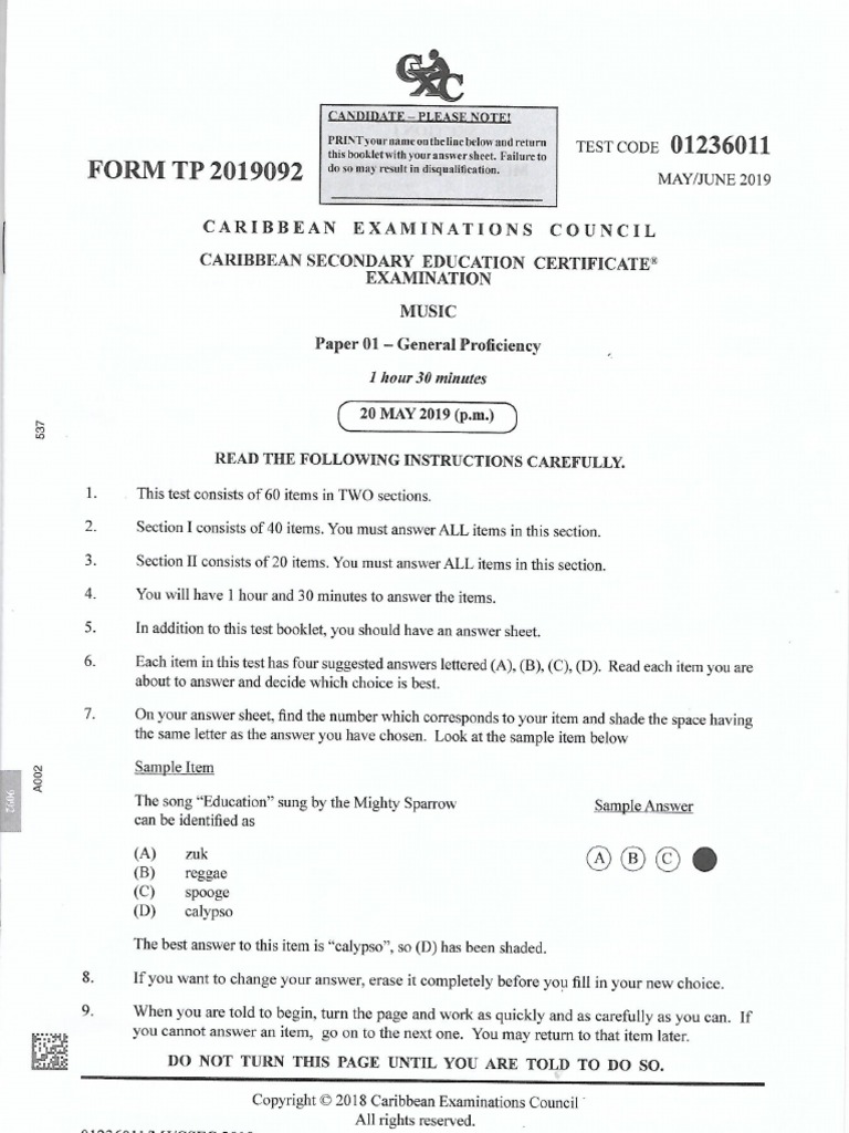 CSEC 2019 Music Past Paper | PDF