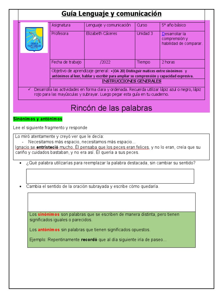 Guía de Sinónimos y Antónimos 5° Básico | PDF | Lingüística