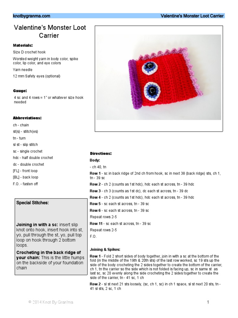 Valentine's Monster Loot Carrier Pattern | PDF | Crochet | Weaving