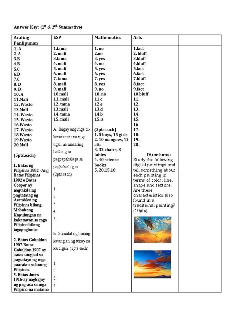 Answer Key 1st & 2nd | PDF