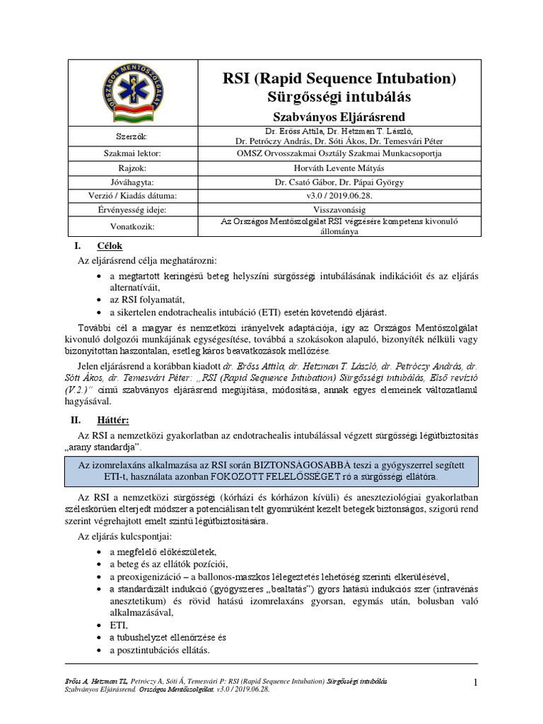 RSI Rapid Sequence Intubation Sürgősségi Intubálás | PDF