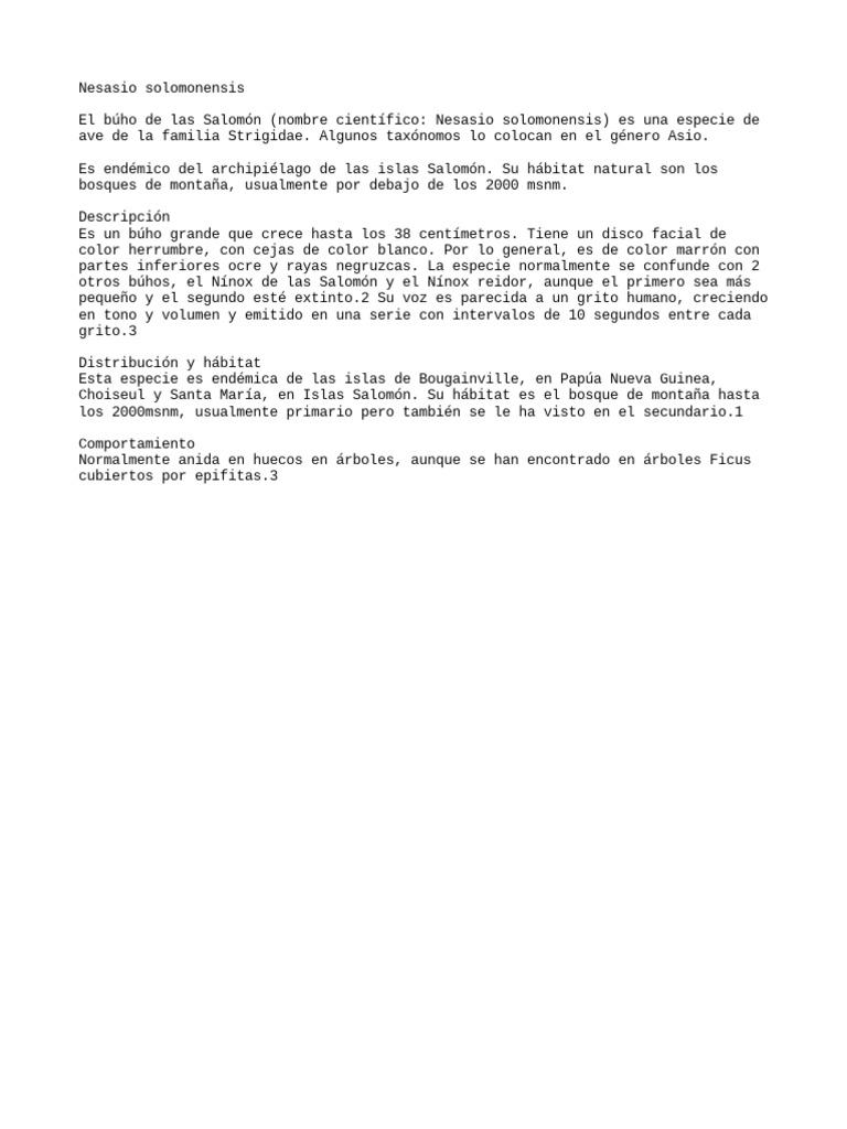Búho de las Salomón: Nesasio solomonensis | PDF