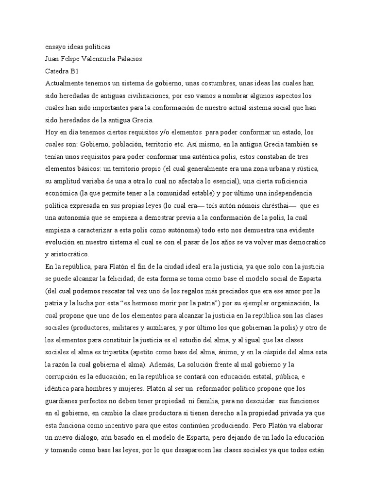 Ensayo Ideas Políticas | PDF | Platón | Antigua Grecia