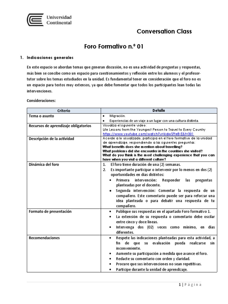 FORO Formativo U1 Conversation Class | PDF | Aprendizaje | Cognición