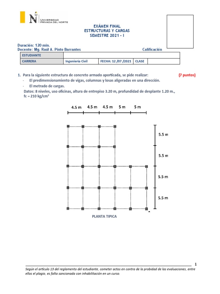 Examen Final 2021 DE ESTRUCTURAS Y CARGAS | PDF | Ingeniería de Edificación | Física Aplicada e ...