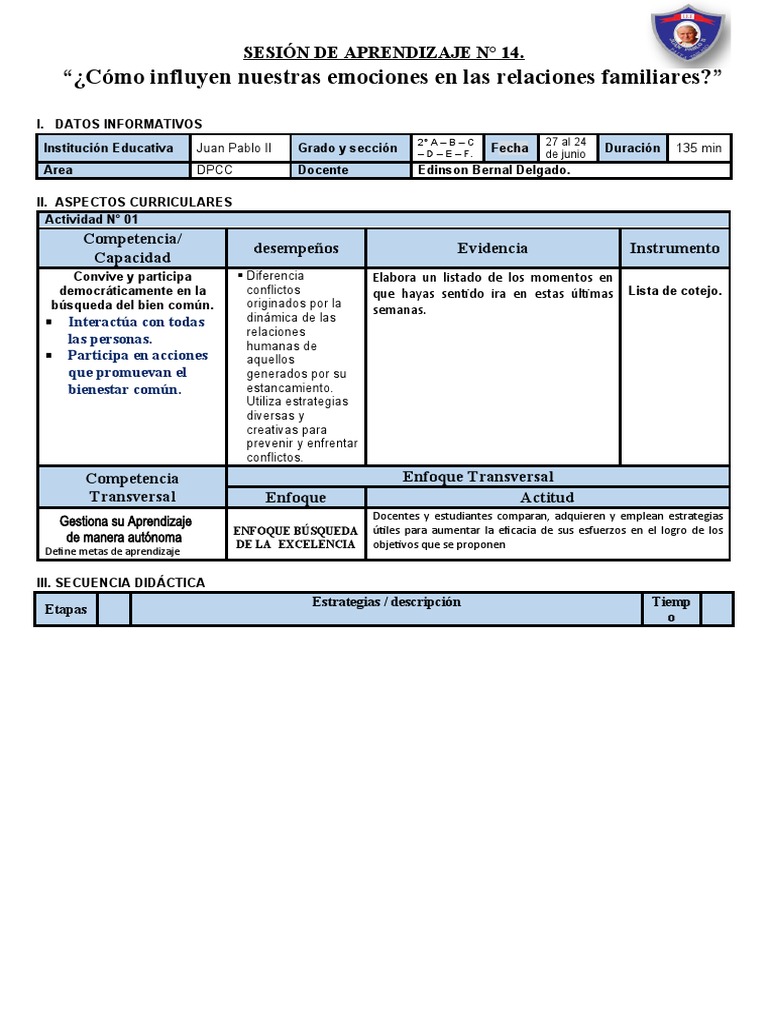 SESIÓN 14 DPCC - segundo | PDF | Las emociones | Aprendizaje