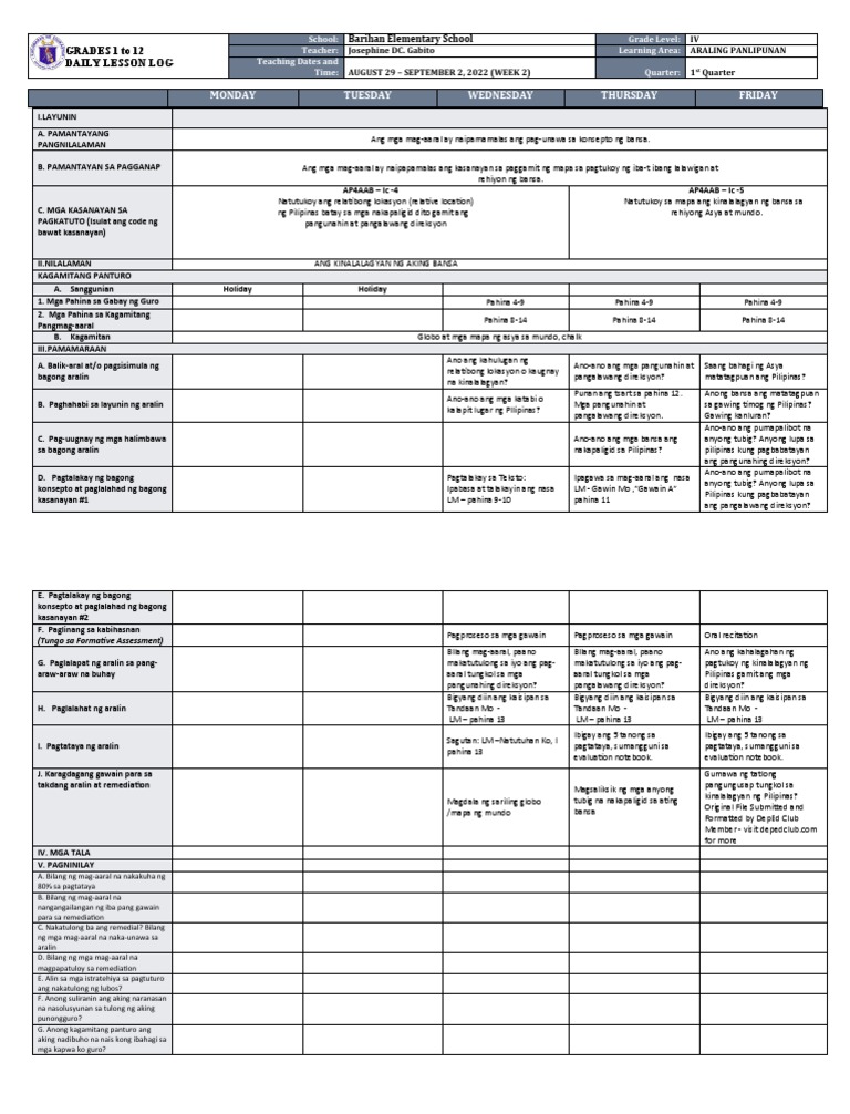 DLL - Araling Panlipunan 4 - Q1 - W2 | PDF