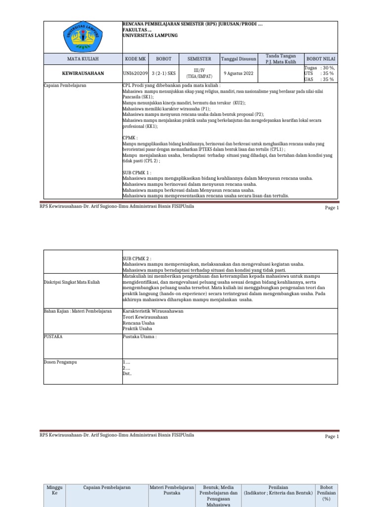 RPS Kewirausahaan Mku 2022 | PDF