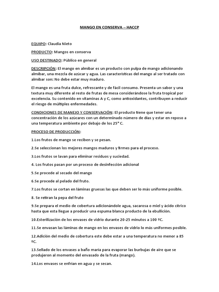 Haccp - Mango en Conserva | PDF | Mango | Agua