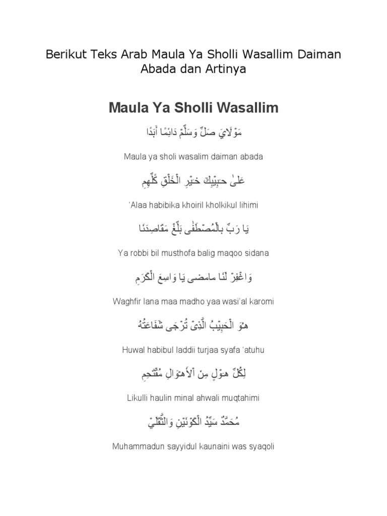 Berikut Teks Arab Maula Ya Sholli Wasallim Daiman Abada Dan Artinya | PDF