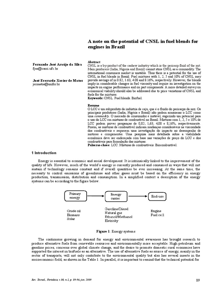 2019 - A Note On The Potential of CNSL in Fuel Blends For Engines in Brazil | PDF | Biomass ...