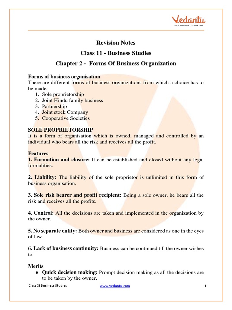 Class 11 Business Studies Chapter 2 - Revision Notes | PDF ...