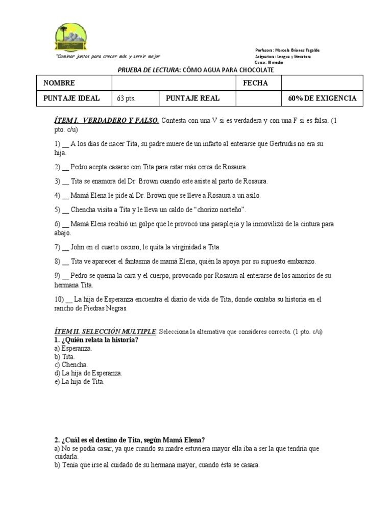 Prueba de La Lectura - Cómo Agua para Chocolate | PDF