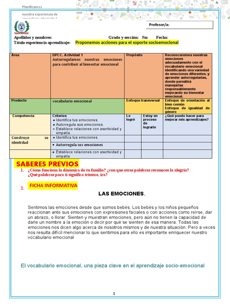 Actividad 1 DPCC Soporte Emocional | PDF | Las emociones | Aprendizaje