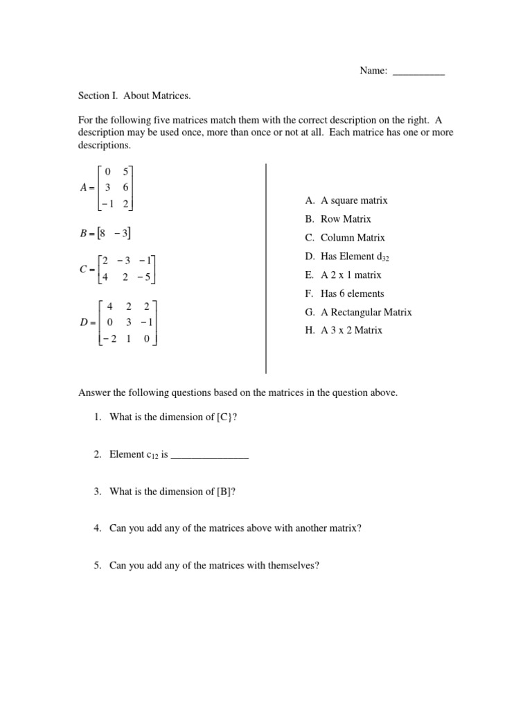 Matrices Worksheet 1 | PDF | Matrix (Mathematics) | Algebra
