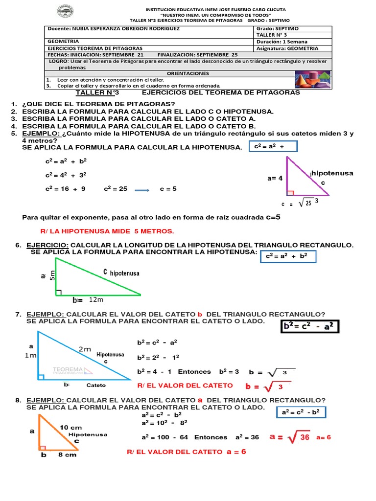LOGRO: Usar El Teorema de Pitágoras para Encontrar El Lado Desconocido ...