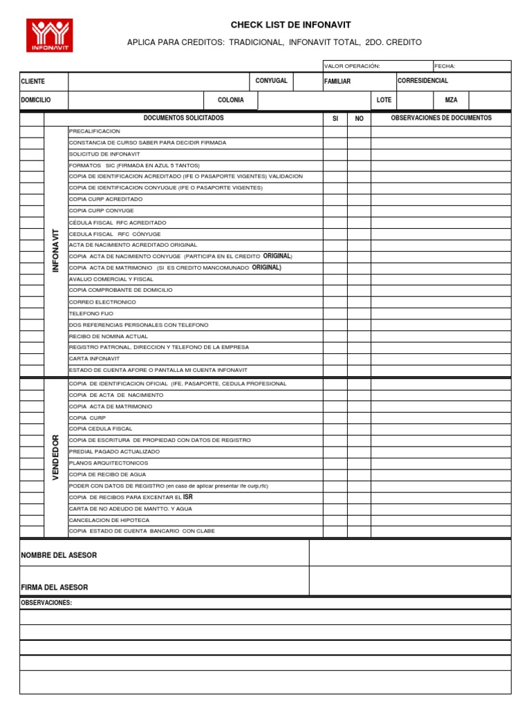 Check List INFONAVIT | PDF | Certificado de nacimiento