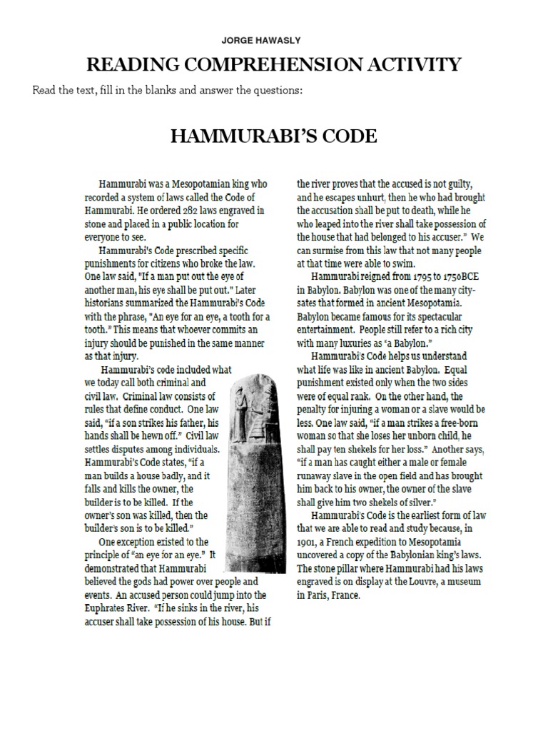 Hammurabis Code Text and Questions | PDF | Hammurabi | Babylonia Hammurabis Code Text and Questions | PDF | Hammurabi | Babylonia