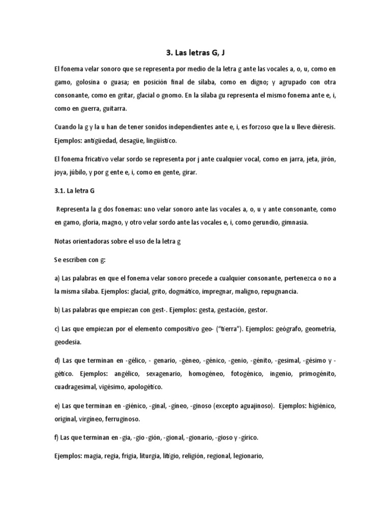 Representación de fonemas mediante las letras G y J y uso de la H en ...