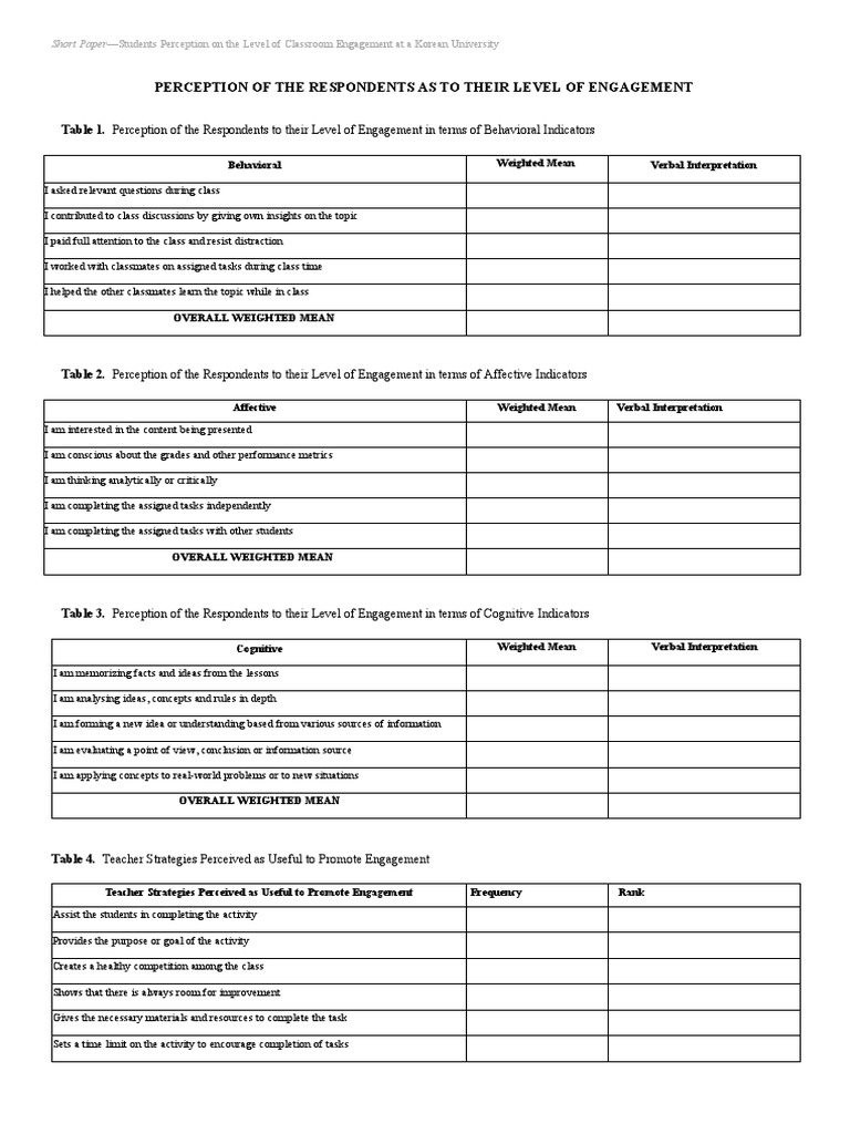 Survey Questionnaire 1 - Student Engagement | PDF | Perception | Cognition