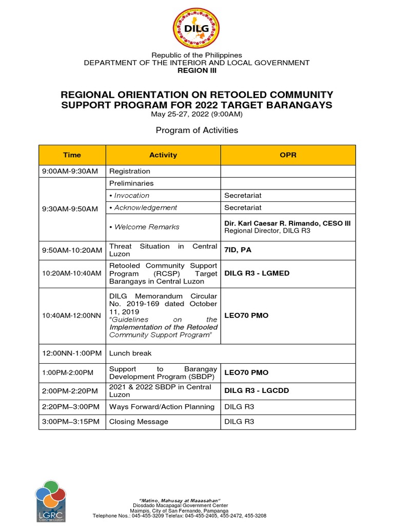 Program RCSP Regional Orientation For 2022 Target Barangays | PDF